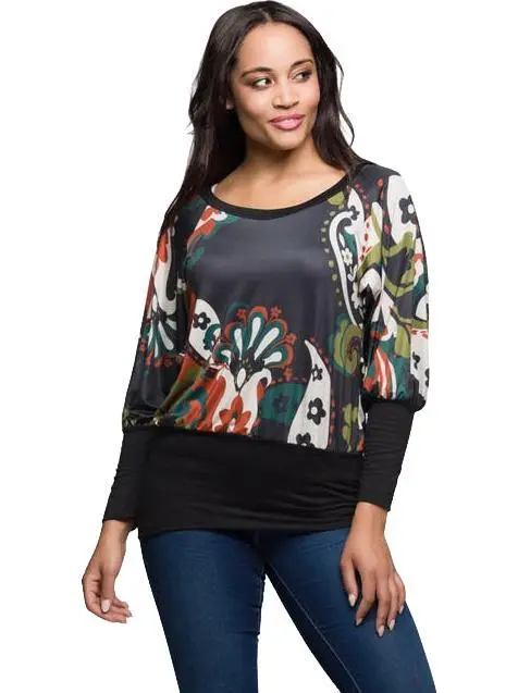 24SEVEN COMFORT APPAREL Paisley Print Dolman Sleeve Top - Gray Multi