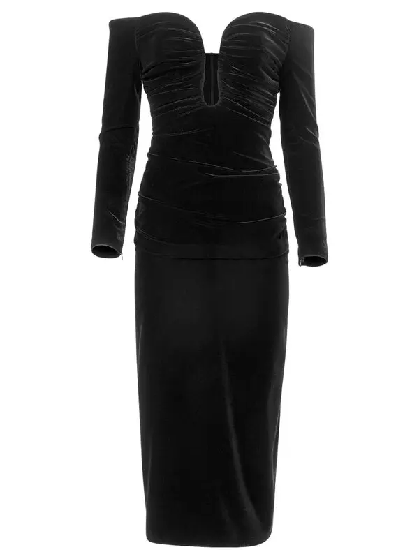 Carolina Herrera Ruched Off-shoulder Velvet Midi Dress - Black
