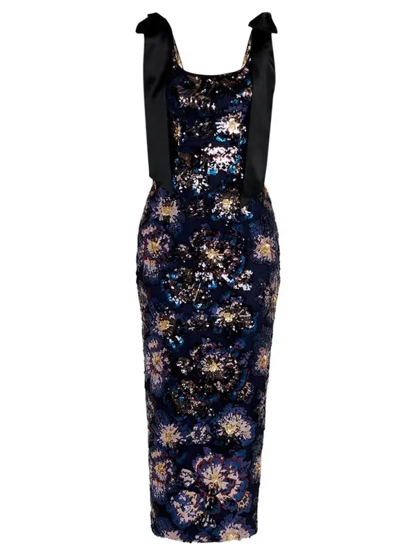 MILLY Kyle Sequin Column Midi Dress With Bow Detail - Navy Multi