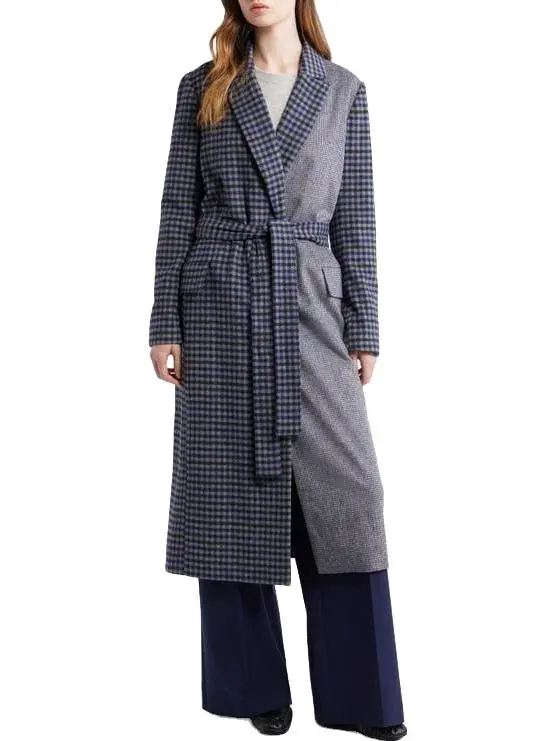 Dra Maggie Blockcheck Wool Blend Wrap Coat - Navy Check