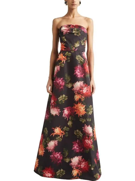 Carolina Herrera Chrysanthemum Print Strapless Faille Gown - Black Multi