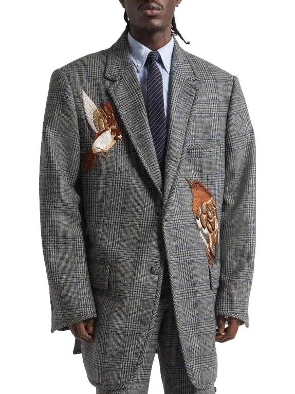 Thom Browne Embroidered Glen Plaid Wool Sport Coat - Medium Grey