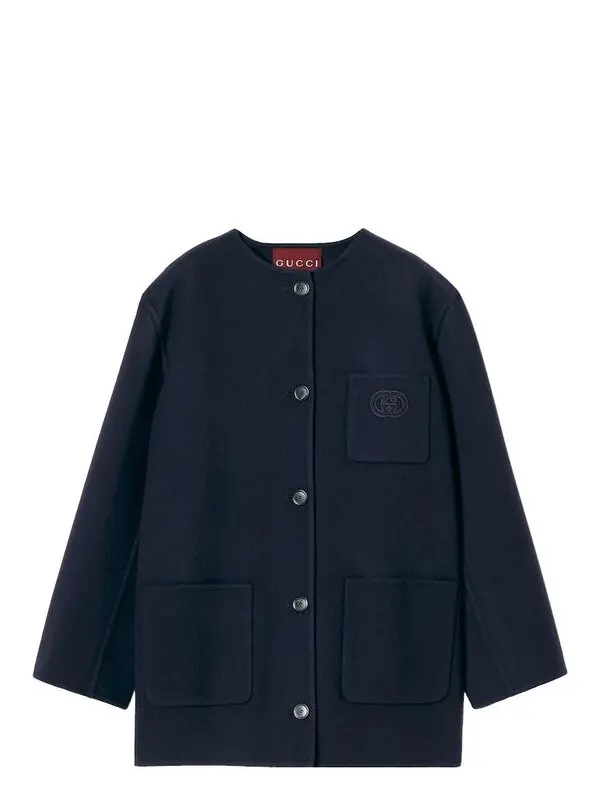 Gucci Wool Blend Coat With Interlocking G Embroidery - Blue
