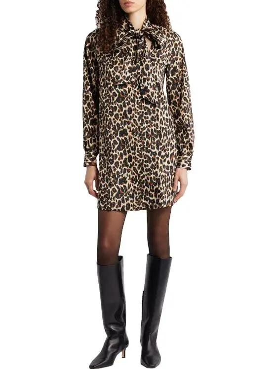Caslon Leopard Print Long Sleeve Shift Dress - Tan- Black Sarah Leopard
