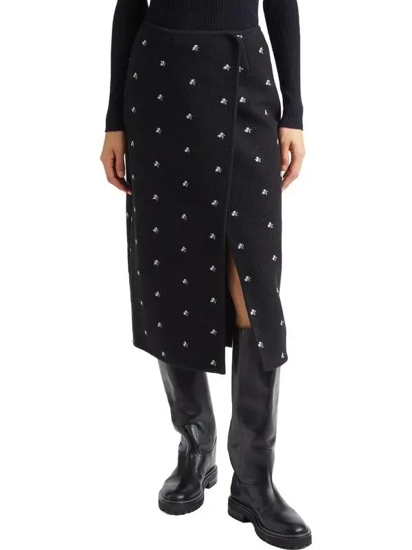 RIER Walker Floral Embroidered Wool Fleece Wrap Skirt - Black Flowers