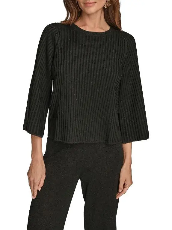 Donna Karan New York Rib Knit Top With Flared Sleeves - Black