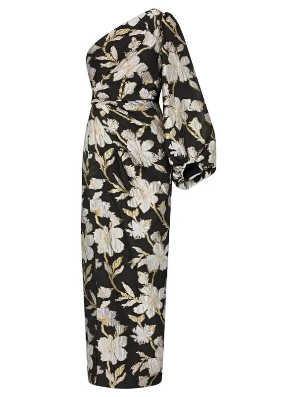 MILLY Cher Floral Jacquard One Shoulder Maxi Dress - Black/gold