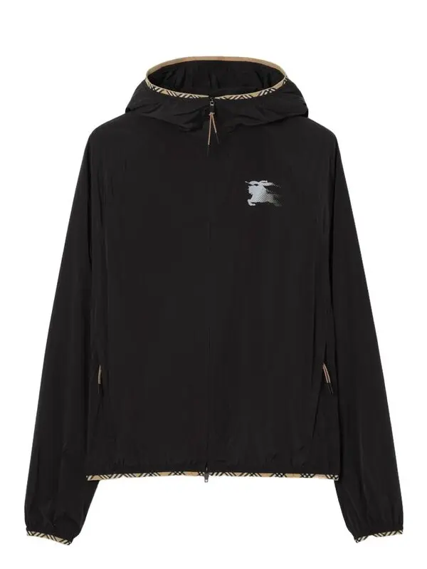 Burberry Nylon Hooded Jacket With Check Trim - Black