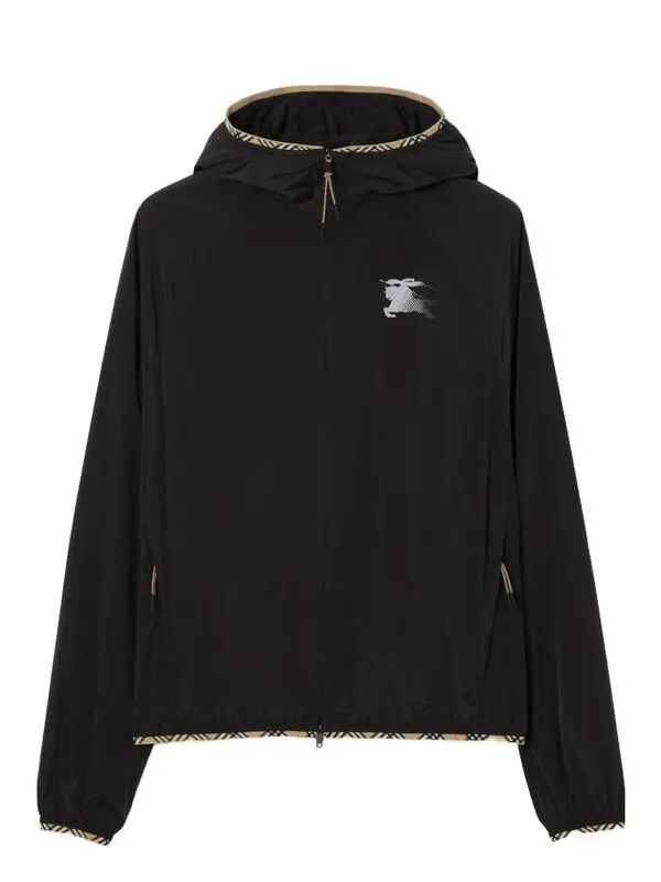 Burberry Nylon Hooded Jacket With Check Trim - Black