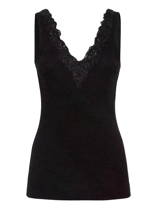 Brunello Cucinelli Ribbed Lace Trim Top - Black