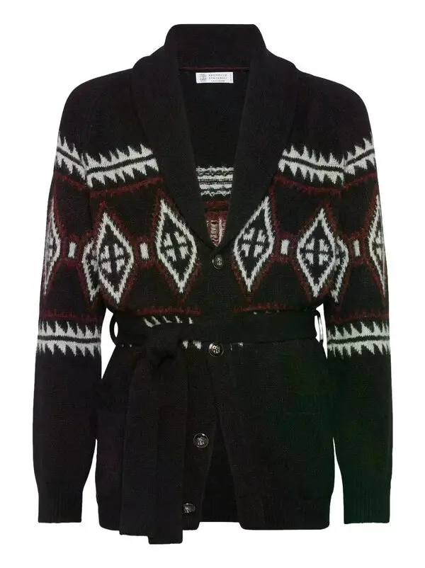 Brunello Cucinelli Geometric-jacquard Belted Cardigan - Black