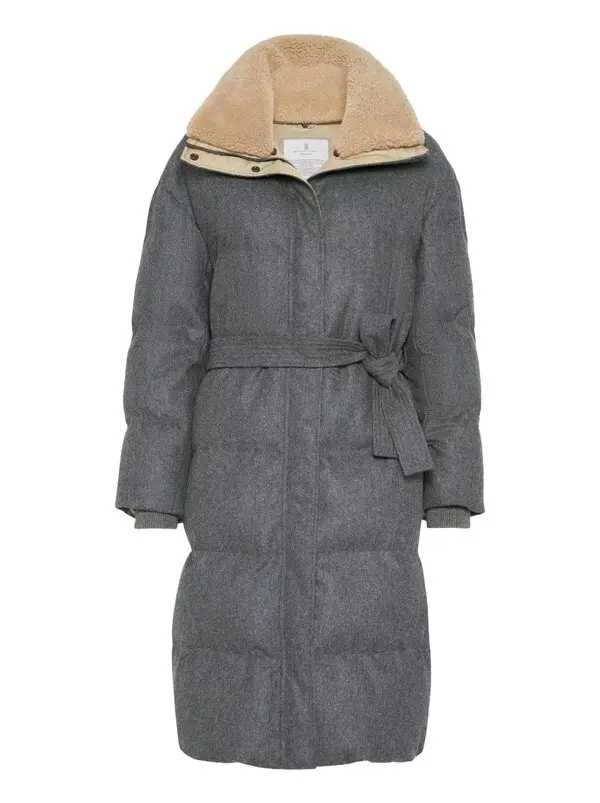 Brunello Cucinelli Flannel Down Coat With Shearling Collar - Grey
