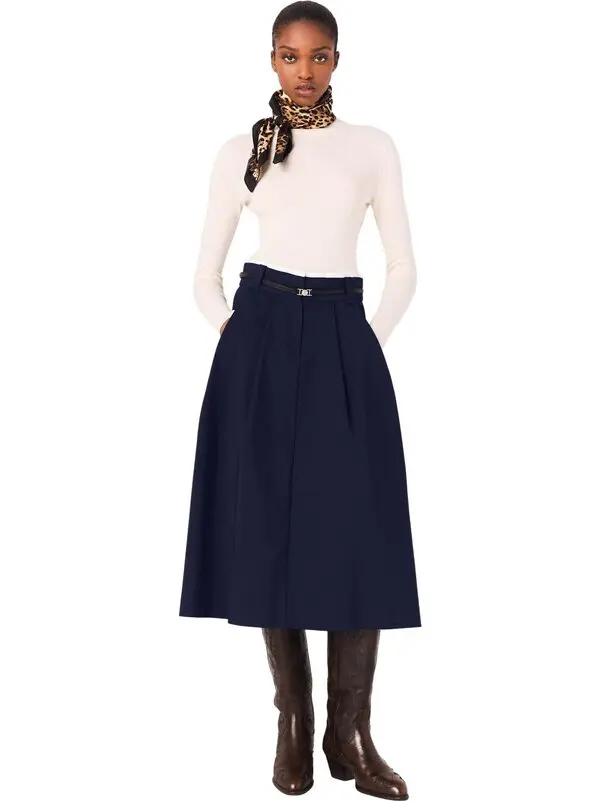Maje Cotton Long Skirt With Belt - Navy