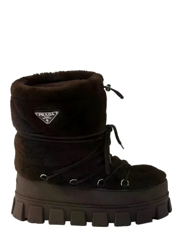 Prada Faux-fur Lace-up Ankle Boots - Brown