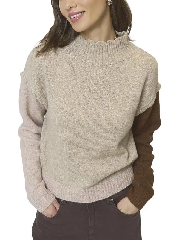 Central Park West Olivia Ruffle T-neck Sweater - Brown And Khaki