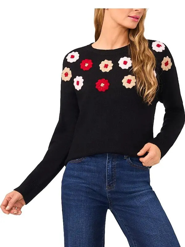 CECE DUPRAZ Embroidered Flower Sweater - Rich Black