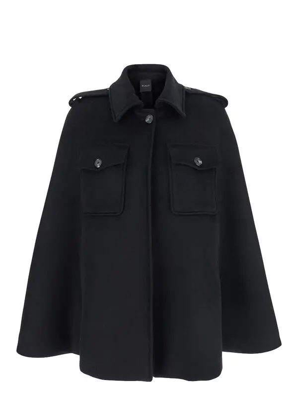 PLAIN Cape With Classic Collar And Front Button Closure - Black