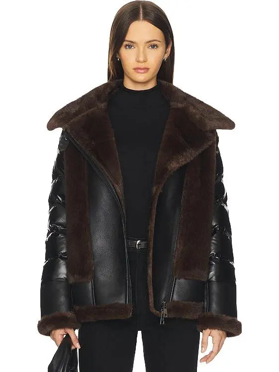 Jocelyn Faux Mink & Leather Moto Jacket - Black & Brown