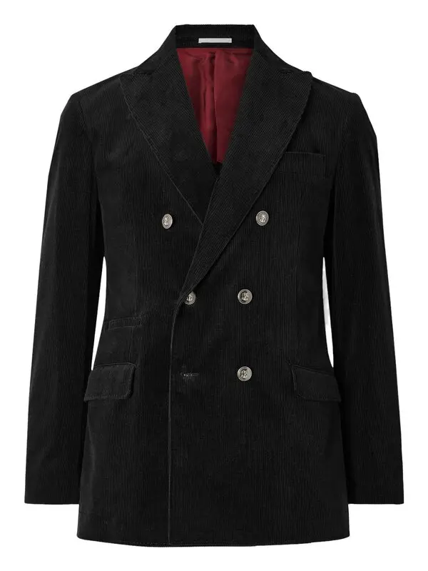 Brunello Cucinelli Double-breasted Cotton-blend Corduroy Suit Jacket - Black