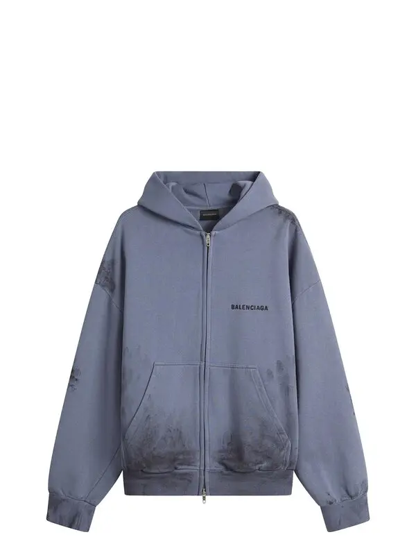 Balenciaga Logo Zip-up Hoodie - Faded Dark Blue/blk