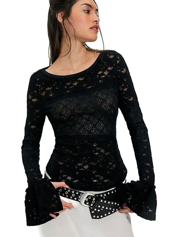 Free People Sheer Lace Flared Long Sleeve Top - Black