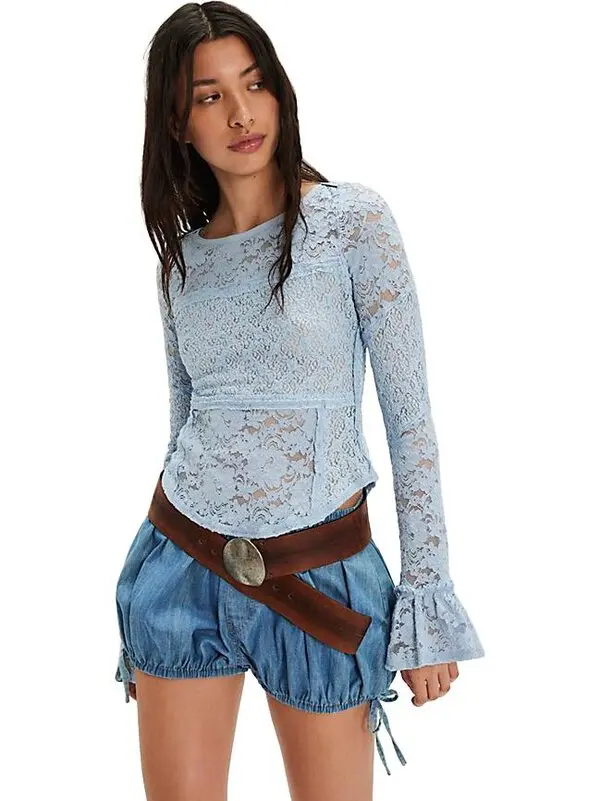 Free People Sheer Lace Flared Long Sleeve Top - Niagara Mist