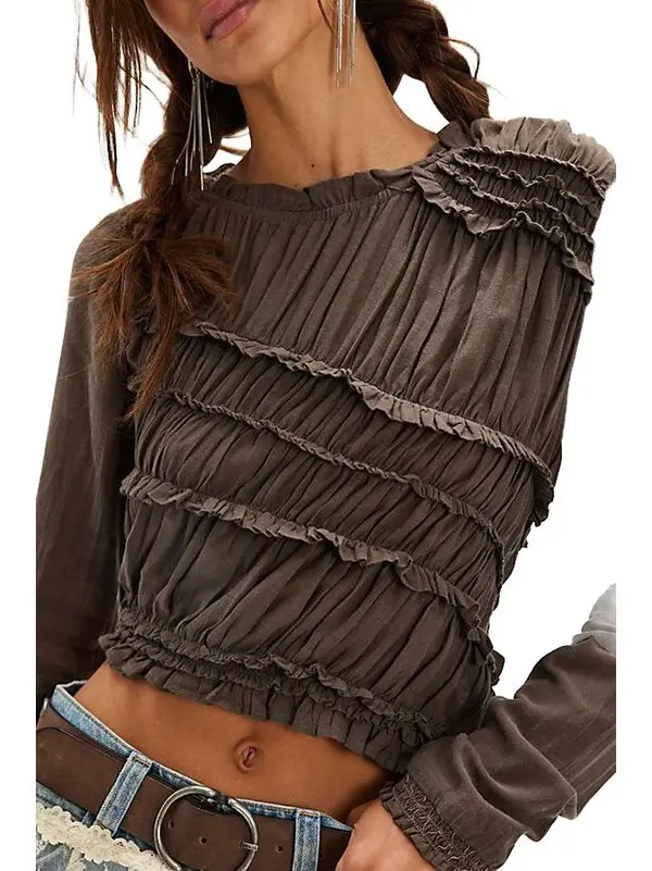 Free People Ruched Long Sleeve Top - Chocolate
