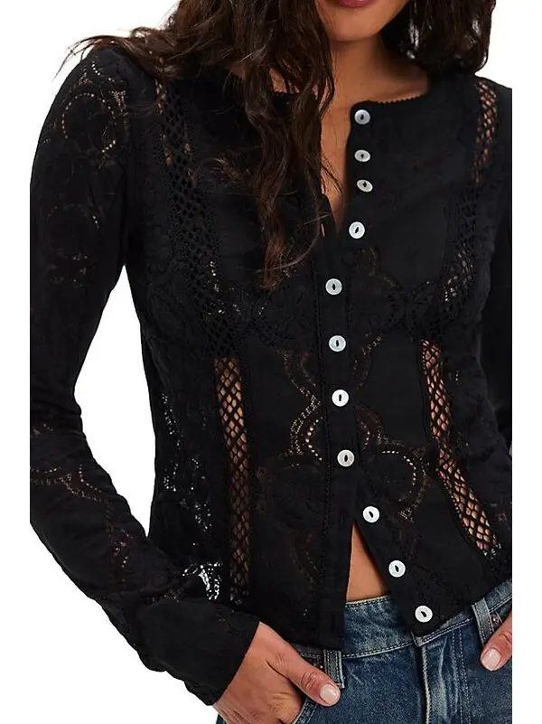 Free People Jae Sheer Lace Knit Long Sleeve Top - Black