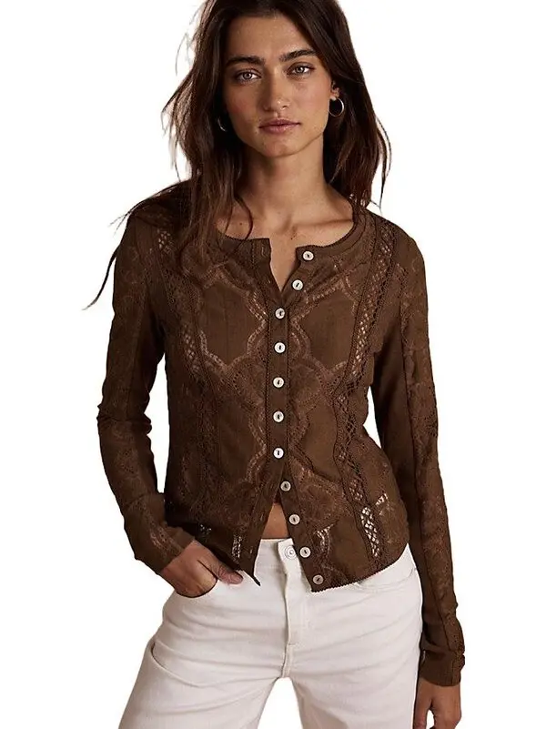 Free People Jae Sheer Lace Knit Long Sleeve Top - Chocolate Gelato