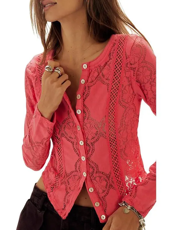 Free People Jae Sheer Lace Knit Long Sleeve Top - Rouged Cheeks