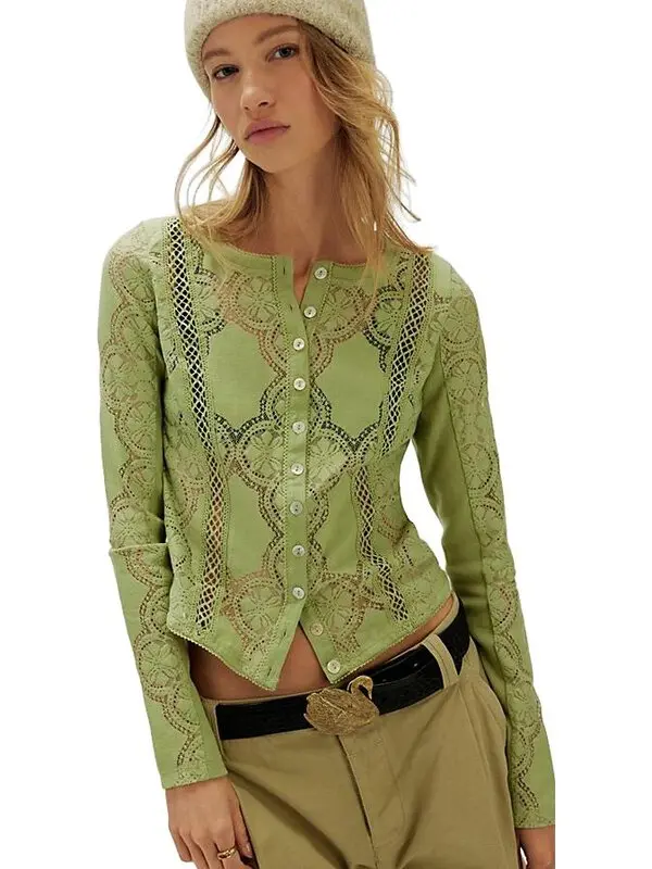 Free People Jae Sheer Lace Knit Long Sleeve Top - Soft Moss