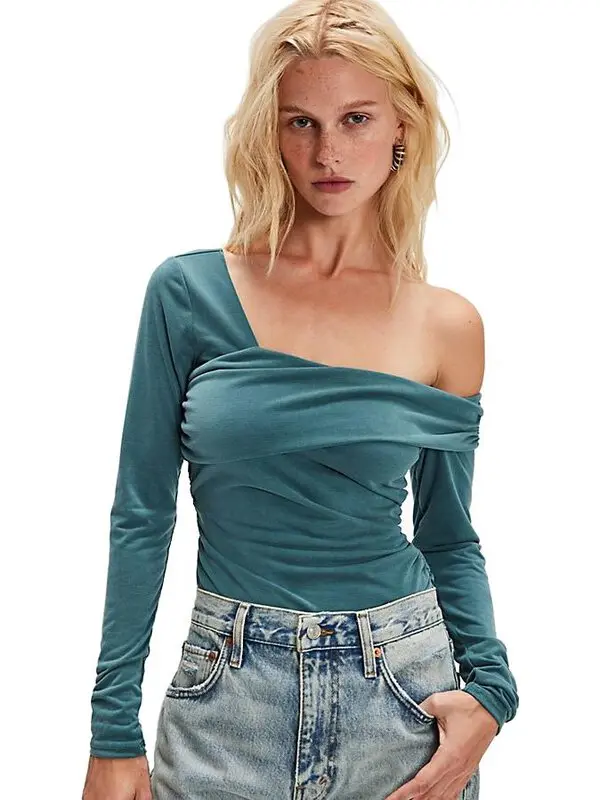 Free People Cupro Jeni Off-the-shoulder Long Sleeve Top - Blue Jade