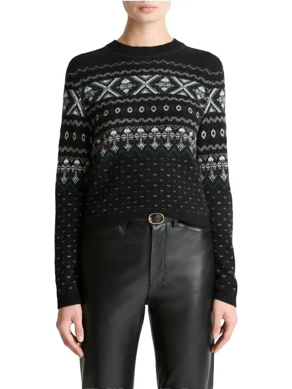 Vince Fair Isle Plush Cashmere Crew Neck Sweater - Black