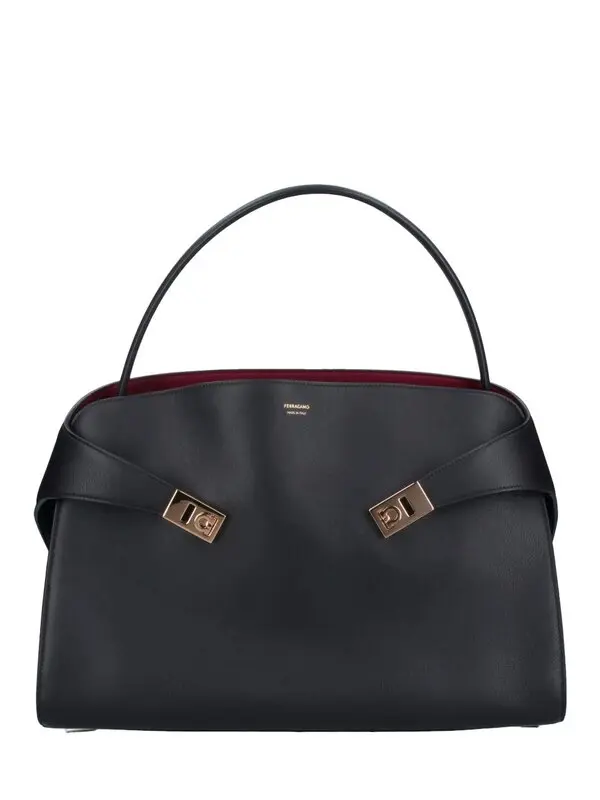 FERRAGAMO Large Leather Shoulder Bag With Gancini Buckle - Black