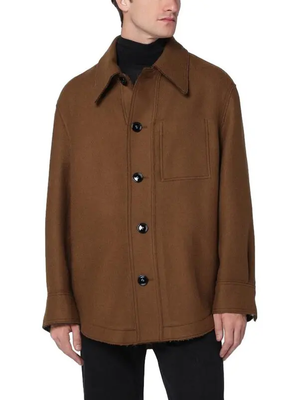Ami Hazelnut Wool Shirt With Pockets - Brown