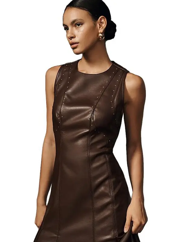 PILCRO Sleeveless Studded Faux Leather Maxi Dress - Cocoa Plum