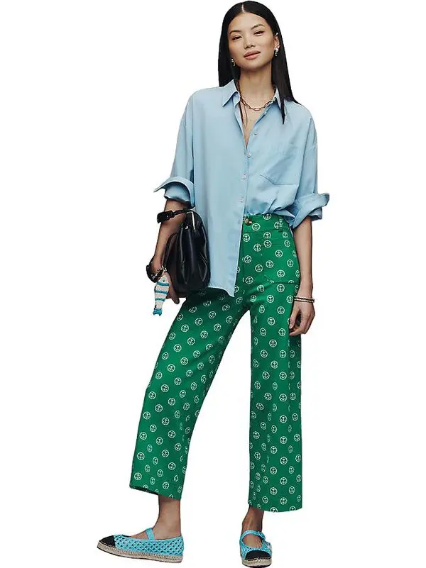 Maeve The Colette Crop Printed Ponte Pants - Green Pattern
