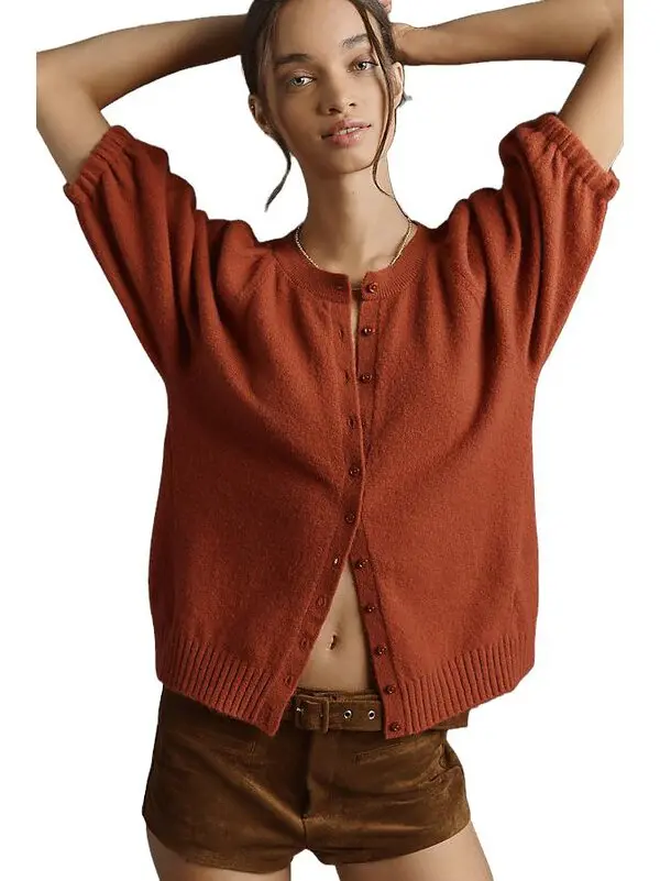 Anthropologie Puff-sleeve Cardigan Sweater - Cinnamon