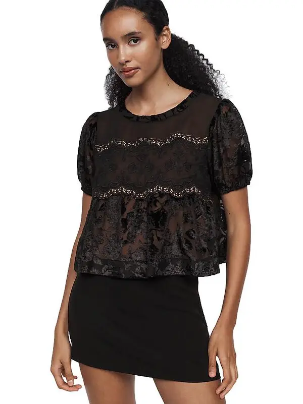 Anthropologie Short-sleeve Velvet Burnout Swing Top - Black Pattern