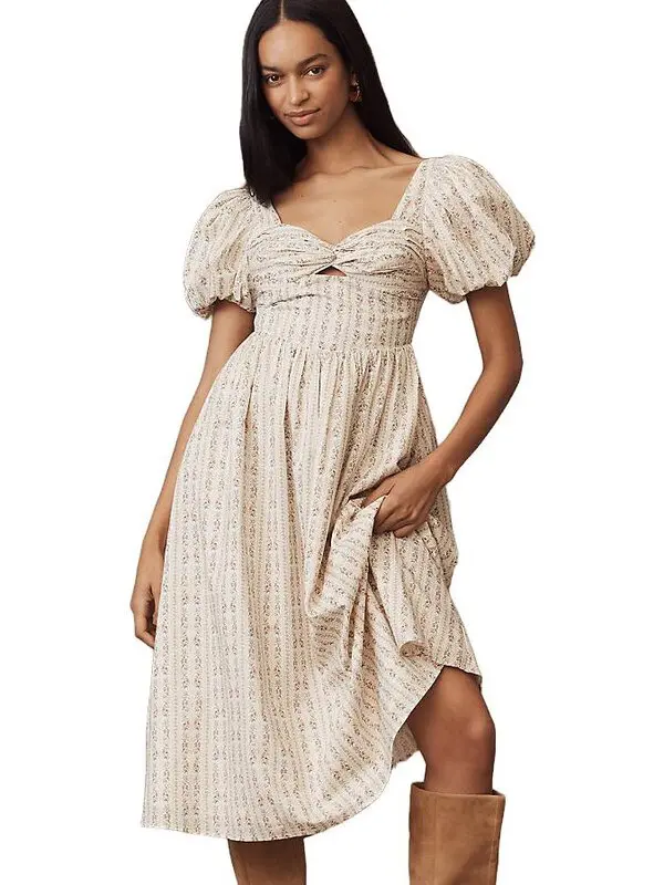 EN SAISON Rosalia Puff-sleeve Midi Dress - Neutral Pattern