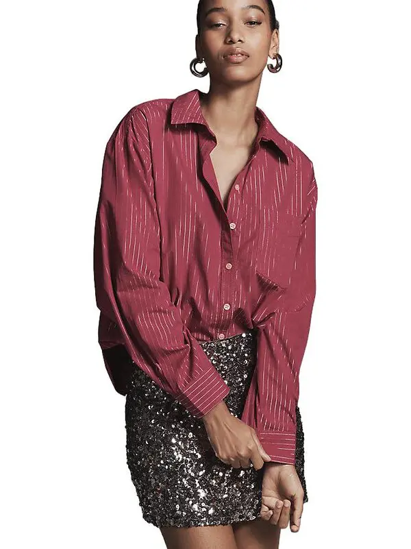 Maeve The Shrunken Bennet Lurex Stripe Buttondown Shirt - Muted Raspberry Rose