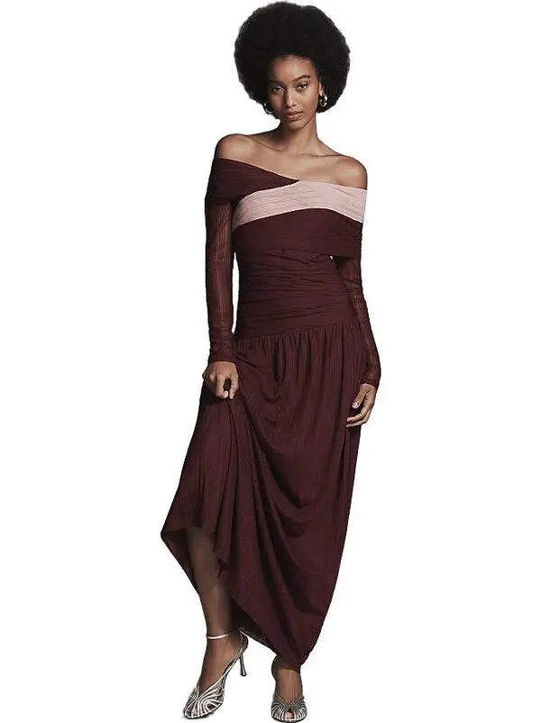 SOVERE / Cascade Long-sleeve Off-shoulder Mesh Maxi Dress - Purple