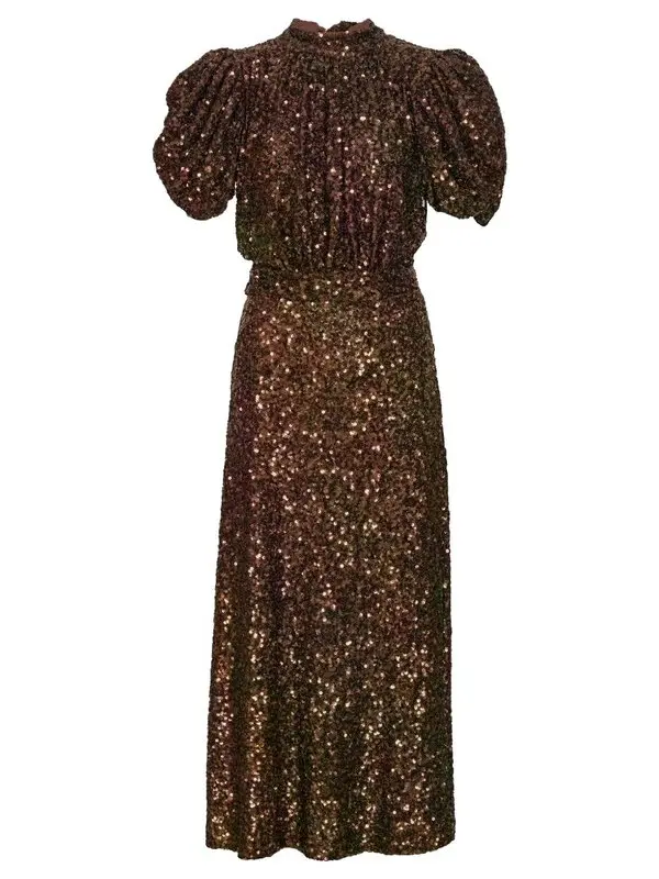 ROTATE BY BIRGER CHRISTENSEN Sequin-embellished Puff-sleeve Midi Dress - Brown