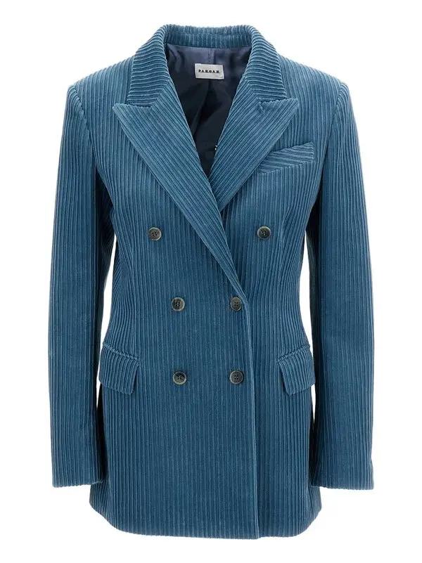 PAROSH Double-breasted Corduroy Jacket - Sky Blue