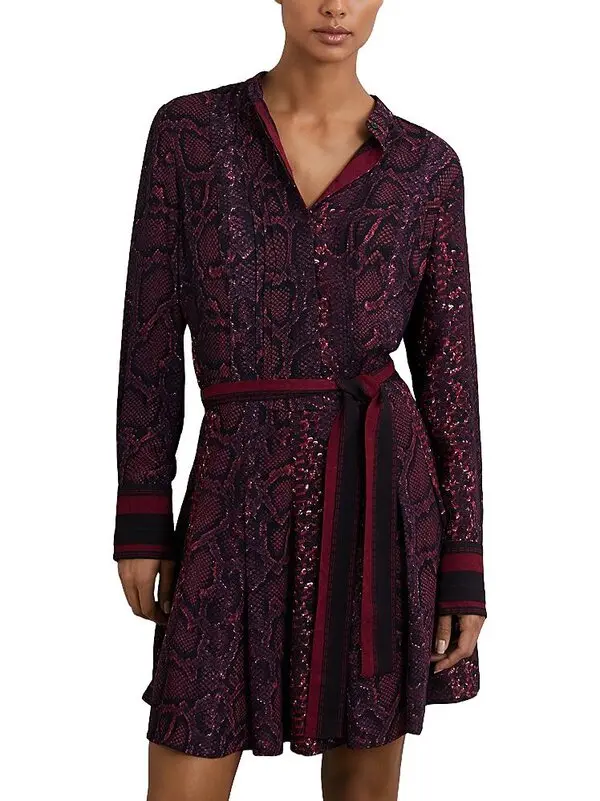 REISS Aurora Snake Print Dress - Burgundy/black