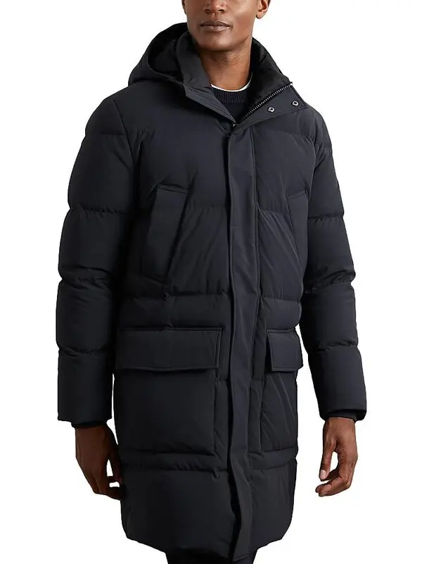 REISS Longline Quilted Down Coat - Navy