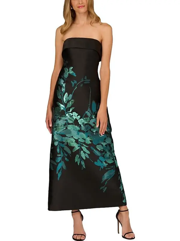 Aidan Mattox Woven Jacquard Gown - Black Teal
