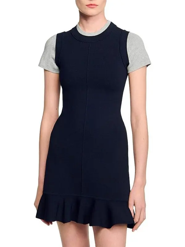 Sandro Contrast Short Sleeve Knit Dress - Navy Blue