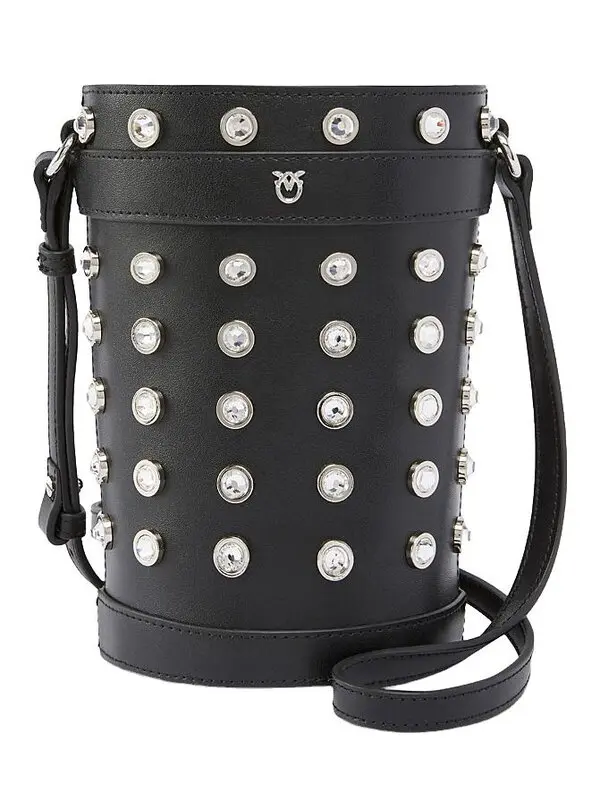 Pinko Mini Crystal Studded Leather Bucket Bag - Limo Black-shiny Nickel