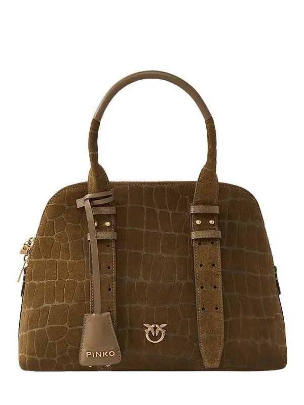 Pinko Medium Bowling Bag Croc Embossed Nubuck Leather - Dark Green
